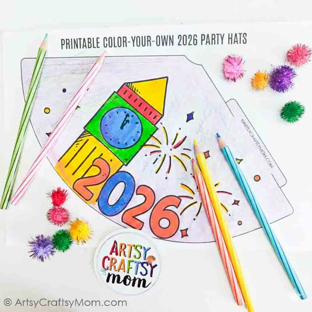 FREE Printable 2026 New Years Eve Coloring Party Hats - Artsy Craftsy Mom