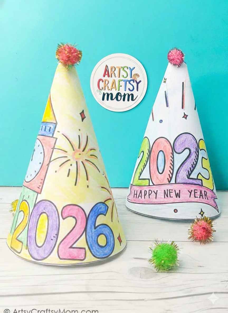 FREE Printable 2026 New Years Eve Coloring Party Hats - Artsy Craftsy Mom