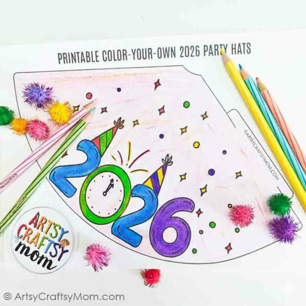 FREE Printable 2026 New Years Eve Coloring Party Hats - Artsy Craftsy Mom