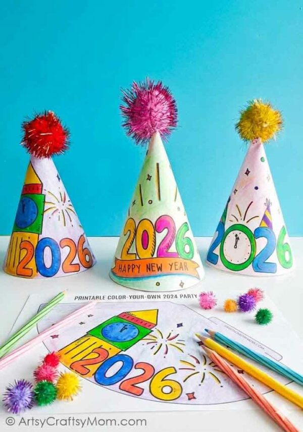 FREE Printable 2026 New Years Eve Coloring Party Hats - Artsy Craftsy Mom