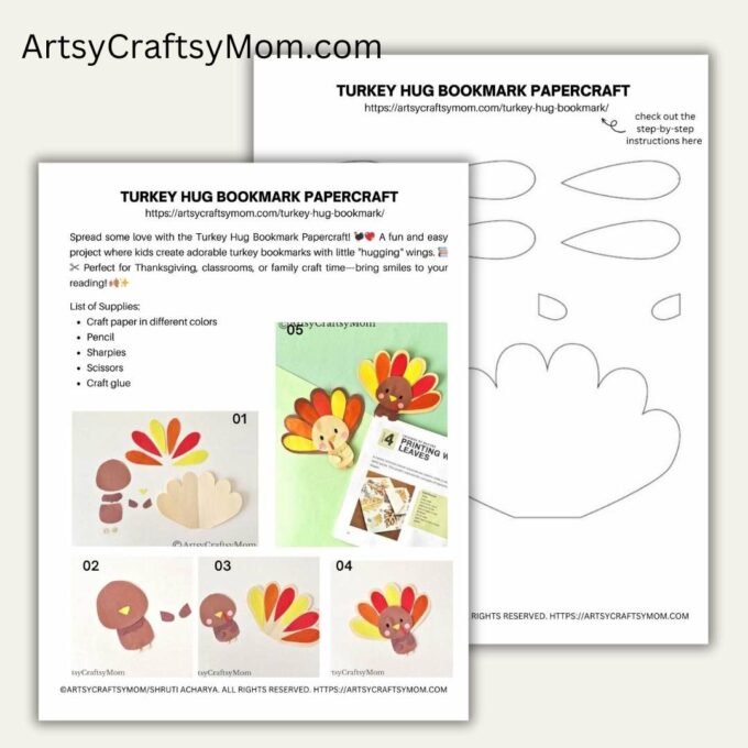 Turkey Hug Bookmark Papercraft Template - Artsy Craftsy Mom